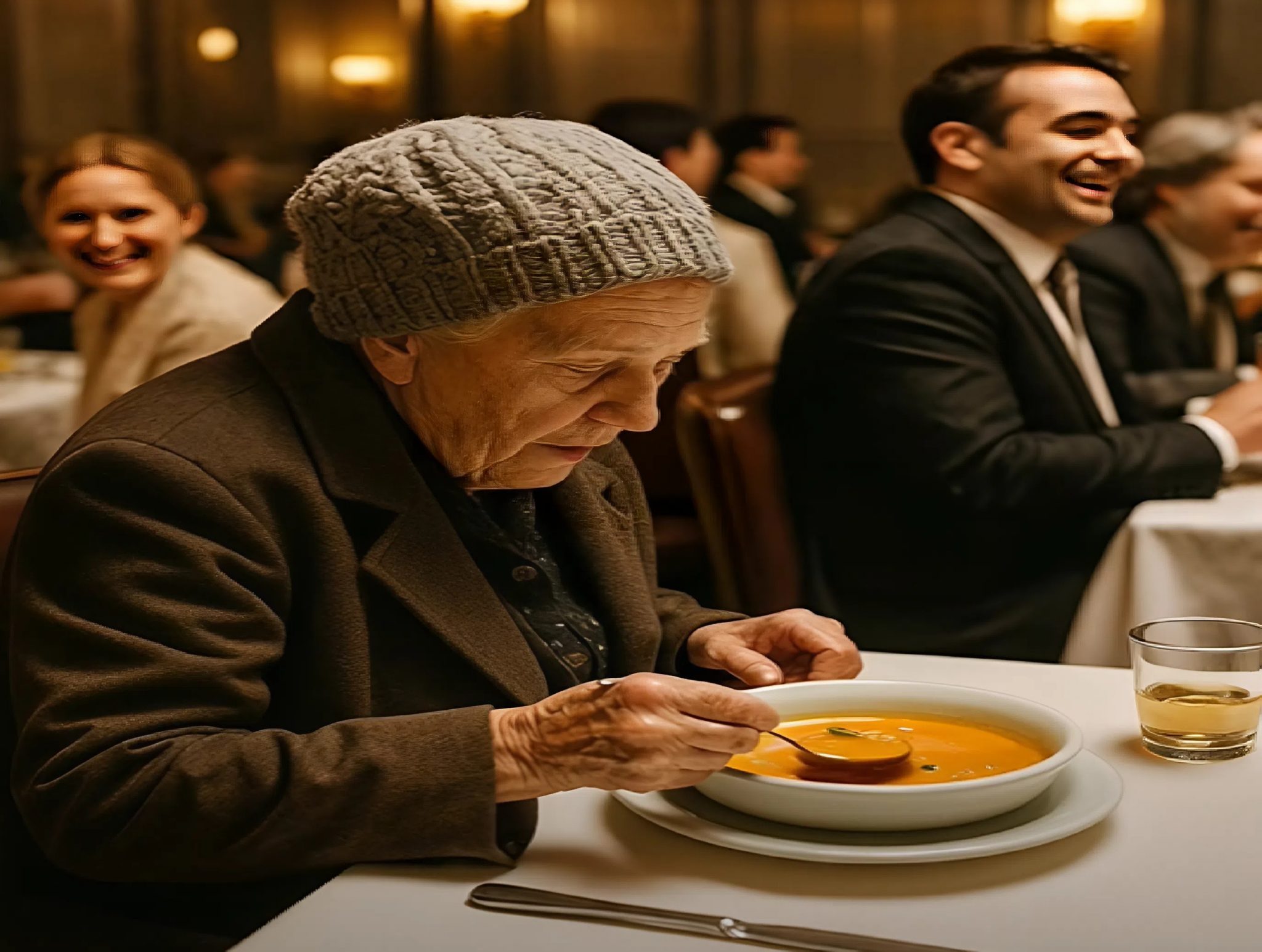 Žena ve starém oblečení vešla do luxusní restaurace a objednala si nejlevnější polévku: hosté se ...